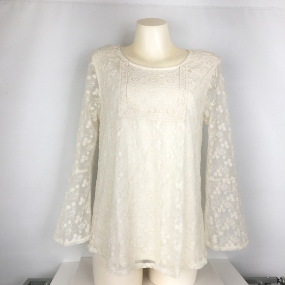 indigo soul | Tops | Floral Lace Bell Sleeve Fairy Blouse Ivory Cream ...
